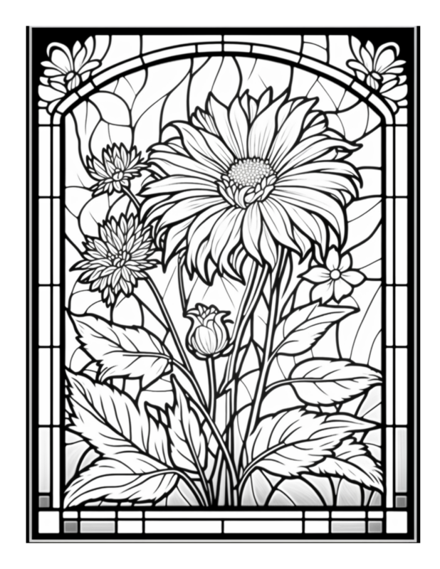 Free Printable Tranquil Sunflowers Stained Glass Coloring Page For